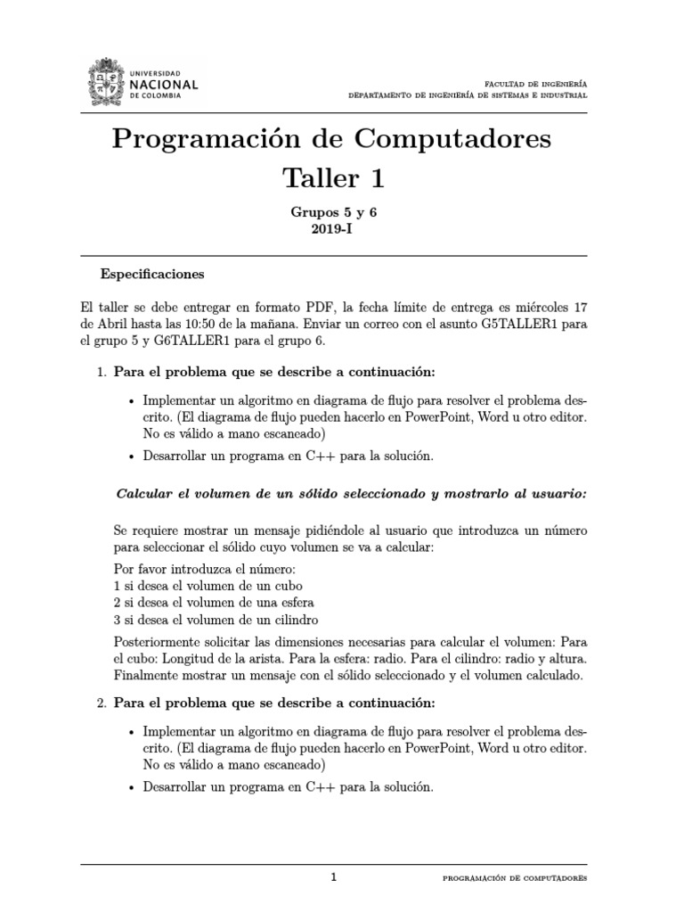 Taller de Programación en C++ 2019-I | PDF | Algoritmos | Programación ...