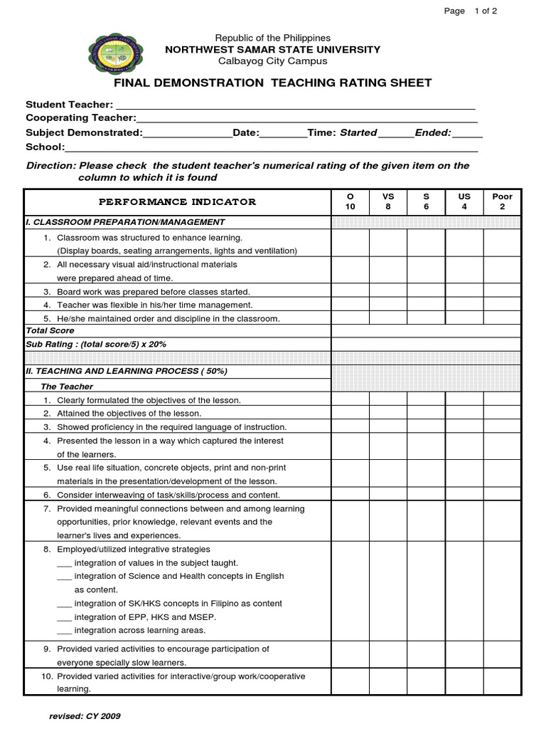 Final Demo Teaching Rating Sheet | PDF | Teachers | Educational Assessment