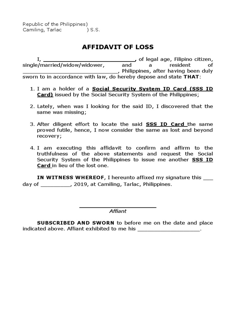 Affidavit of Loss: Card) Issued by The Social Security System of The ...