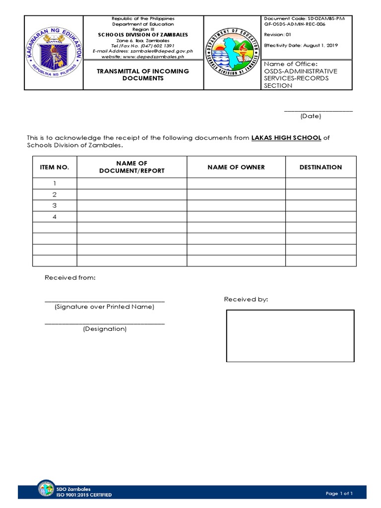 DepEd Document Transmittal Form | PDF