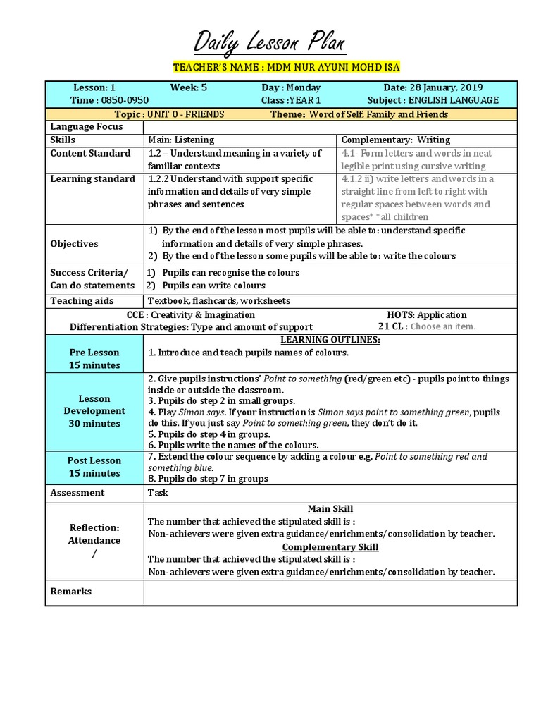 Daily Lesson Plan: Teacher'S Name: MDM Nur Ayuni Mohd Isa | PDF ...