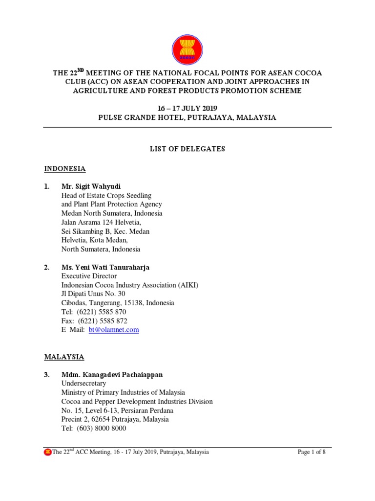 Annex 1 List of Delegates (22nd Meeting) | PDF | Malaysia | Business