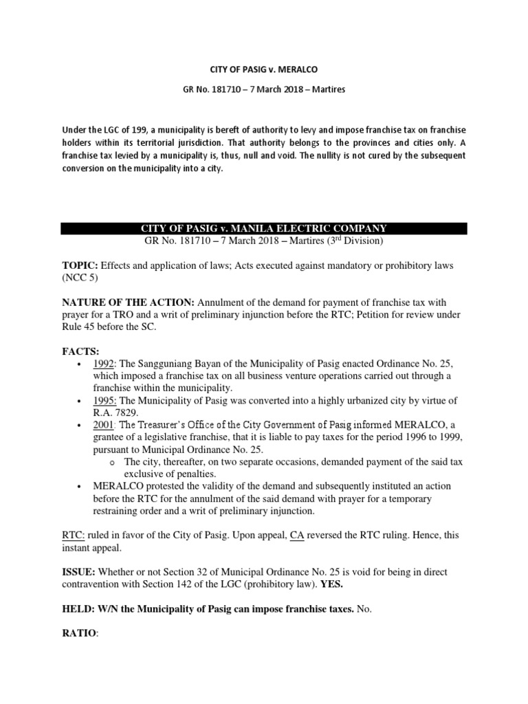 City of Pasig v. MERALCO (Digest) | PDF | Injunction | Taxes