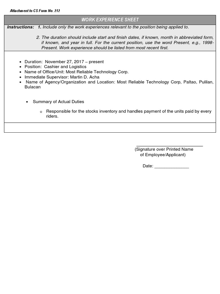 ANNEX C CS Form No212 Attachment Work Experience Sheet | PDF