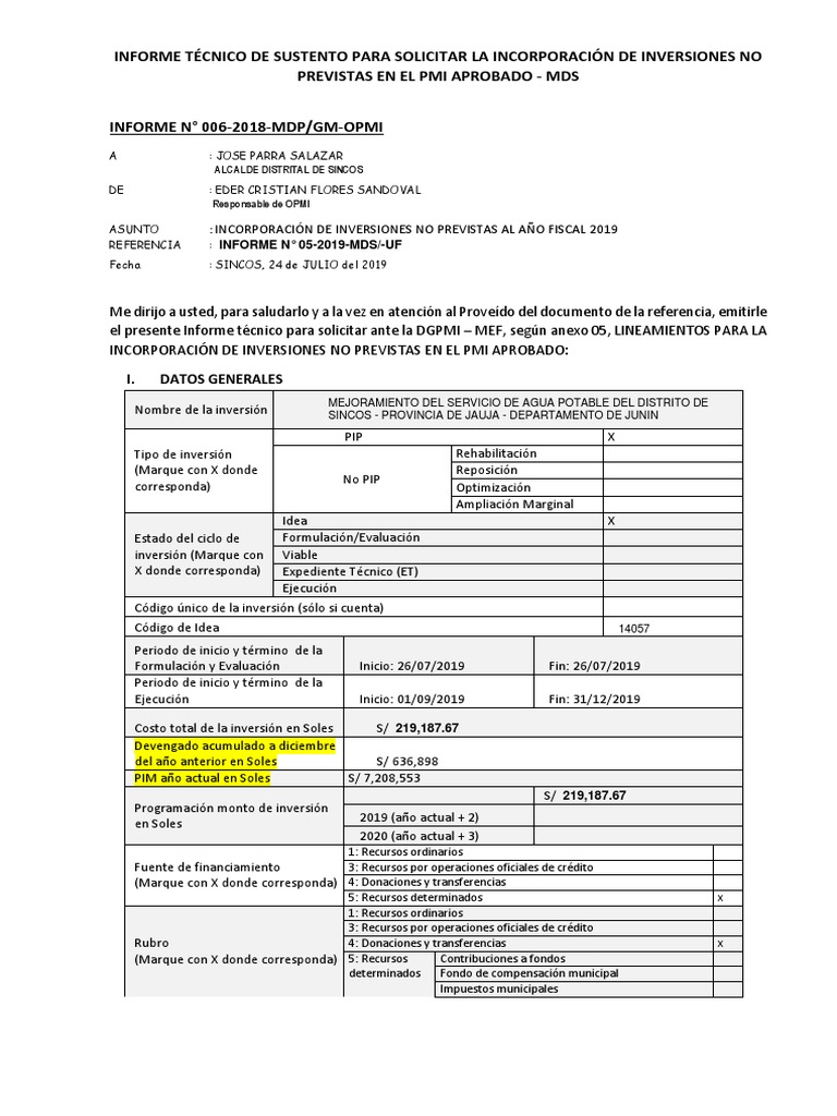 Modelo Informe Tecnico Solicitar Incorporacion PMI | Presupuesto | Gobierno