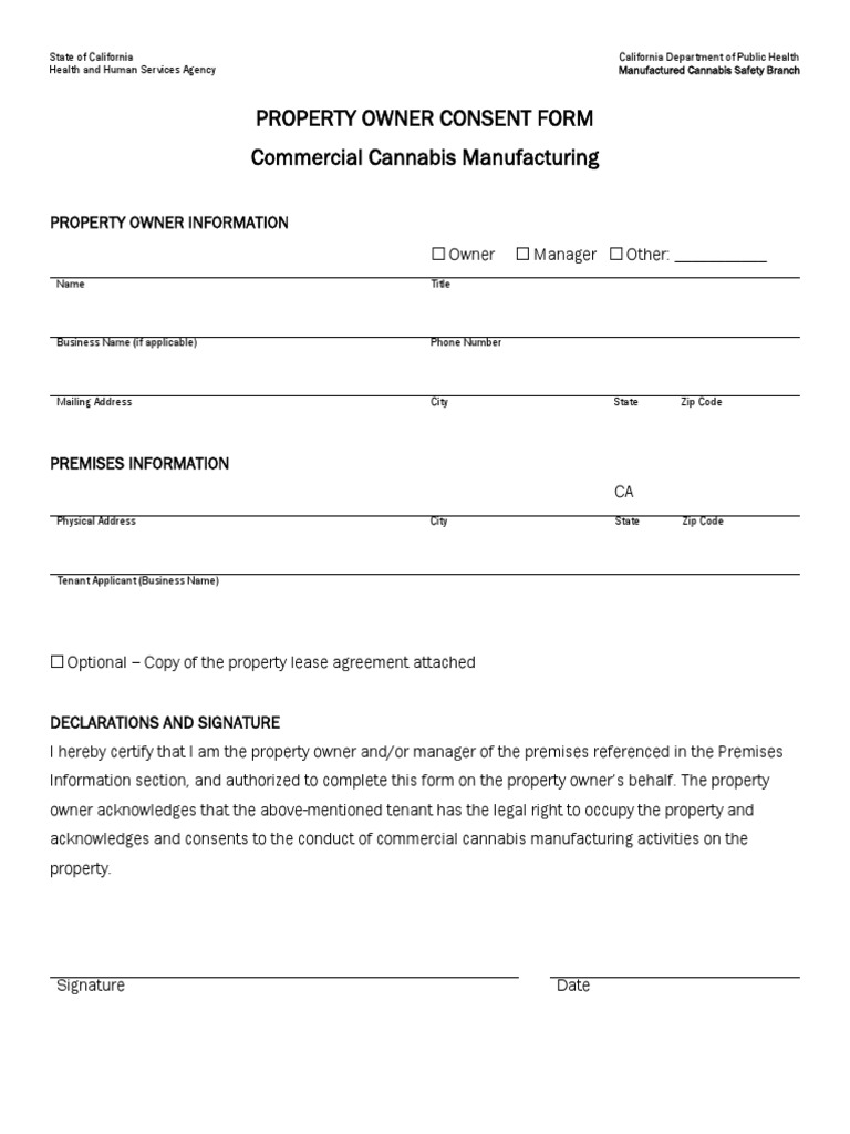 Property Owner Consent Form Commercial Cannabis Manufacturing | PDF