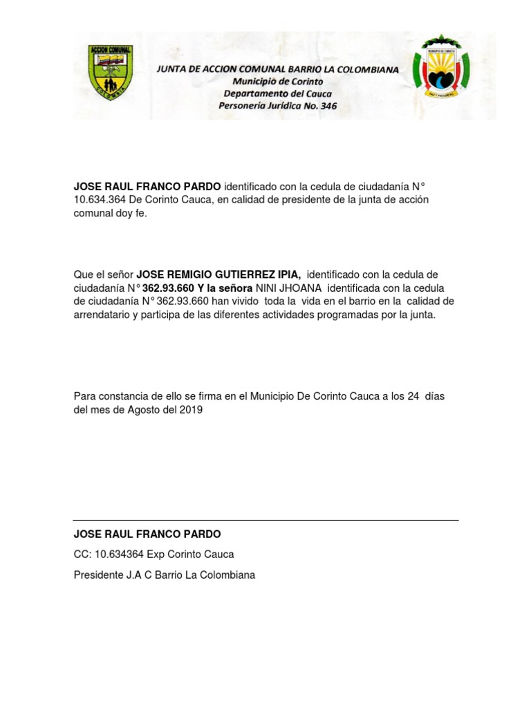 Plantilla Carta de Junta Accion Comunal | PDF