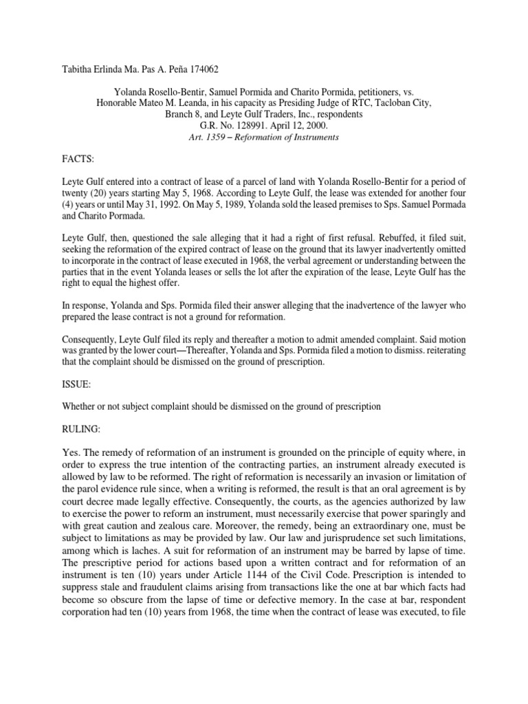 Bentir vs. Leanda, Art. 1359 | PDF | Statute Of Limitations | Complaint