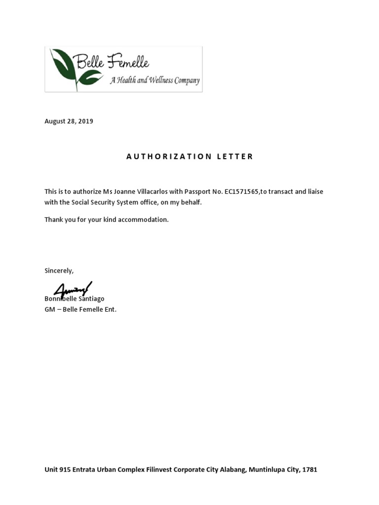 Authorization Letter: Unit 915 Entrata Urban Complex Filinvest ...