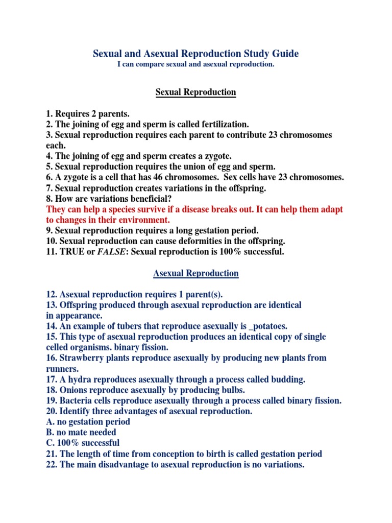 Sexual and Asexual Reproduction Study Guide | PDF