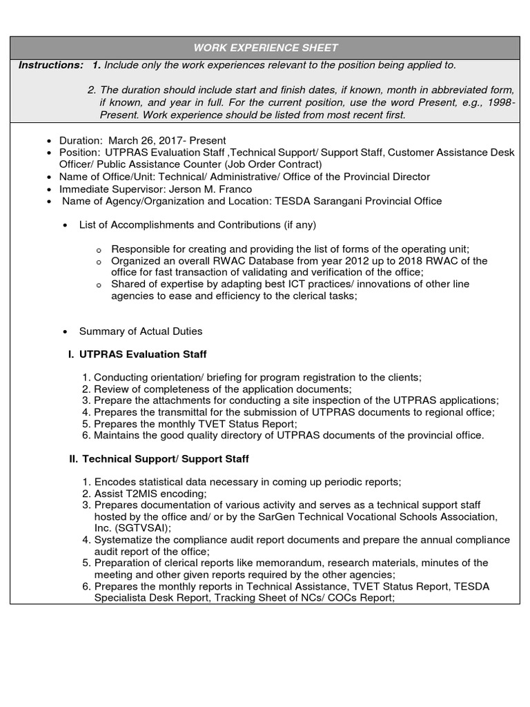 Work Experience Sheet Sample | PDF | Vocational Education | Technical ...