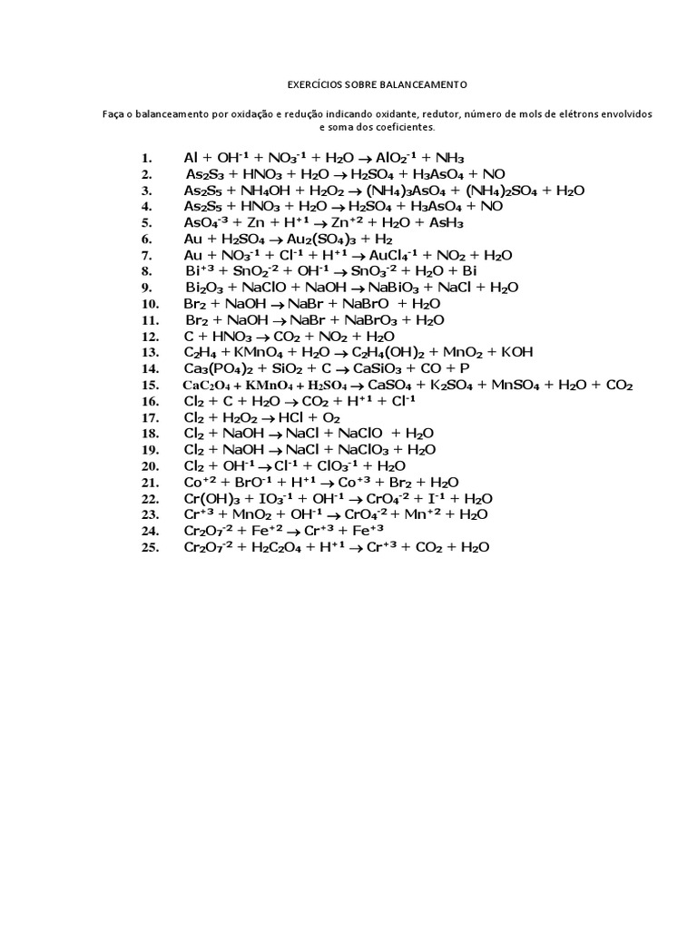 Exercícios sobre reações redox: identificando oxidantes, redutores ...