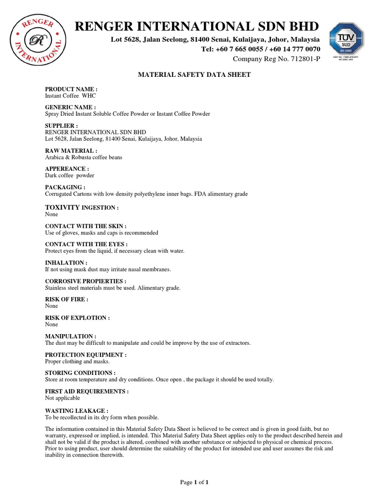 Instant Coffee MSDS | PDF | Coffee | Chemistry