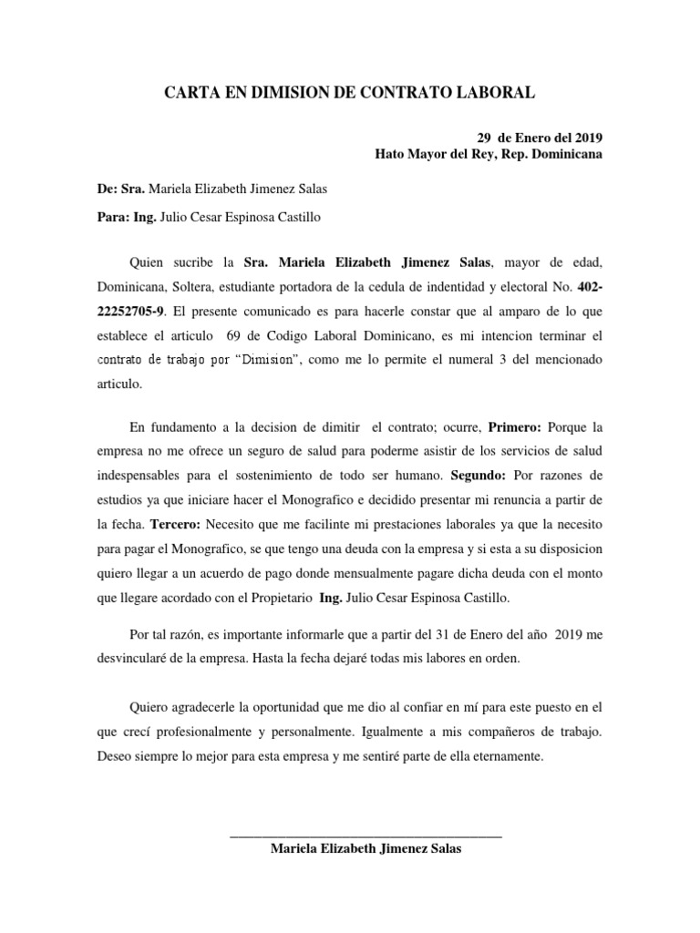 Carta en Dimision de Contrato Laboral - Mariela Elizabeth Jimenez Salas ...
