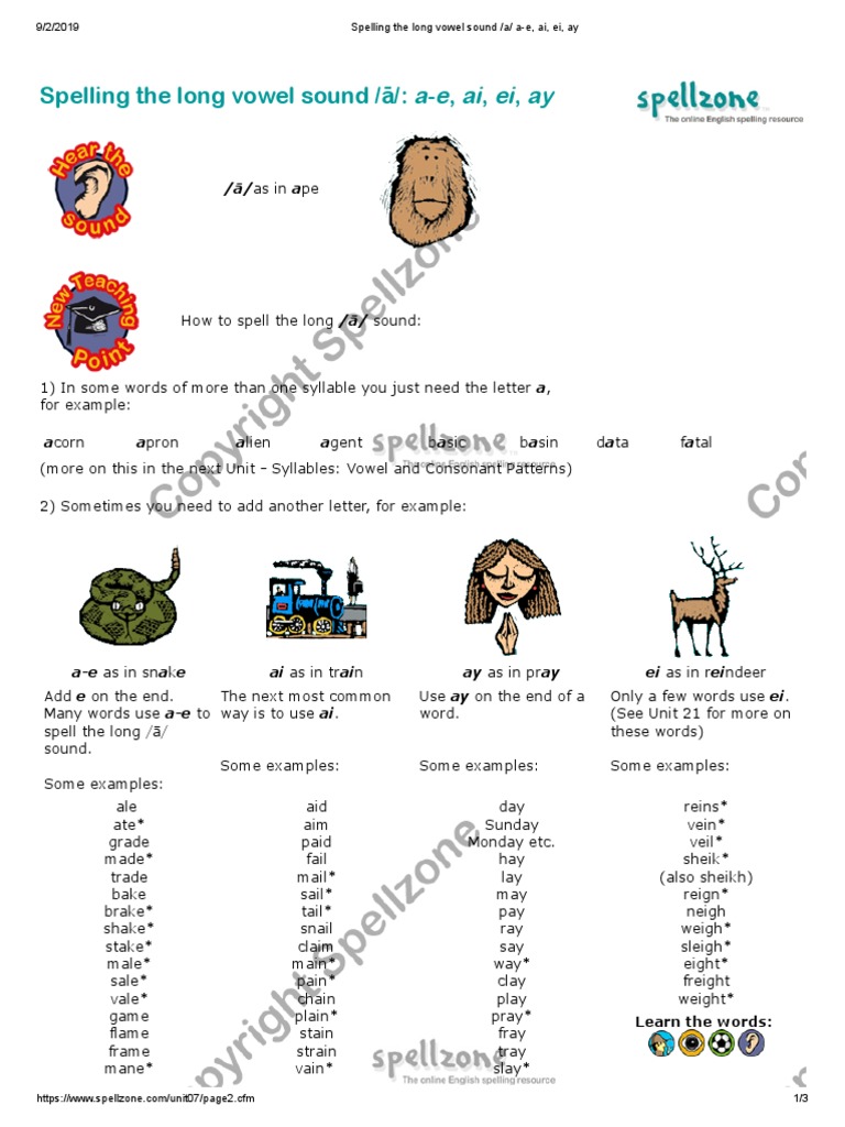 Spelling The Long Vowel Sound - A - A-E, Ai, Ei, Ay | PDF | Semiotics ...