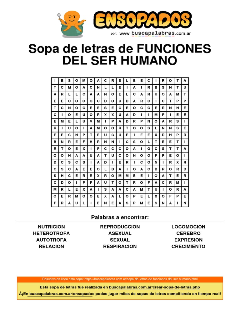 Sopa de Letras de Funciones Del Ser Humano | Sexo | Sexualidad de mamíferos