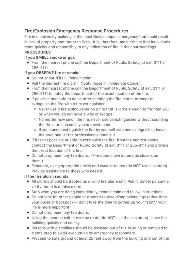 Fire/Explosion Emergency Response Procedures: Procedures If You SMELL ...
