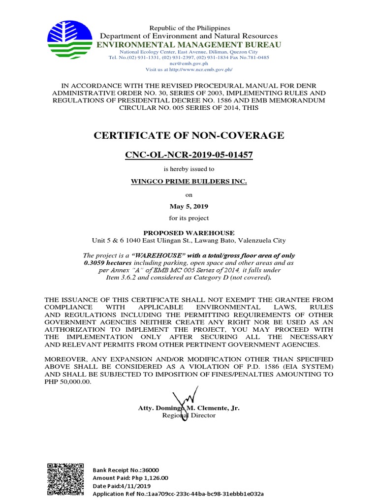 Certificate of Non-Coverage for Wingco | PDF