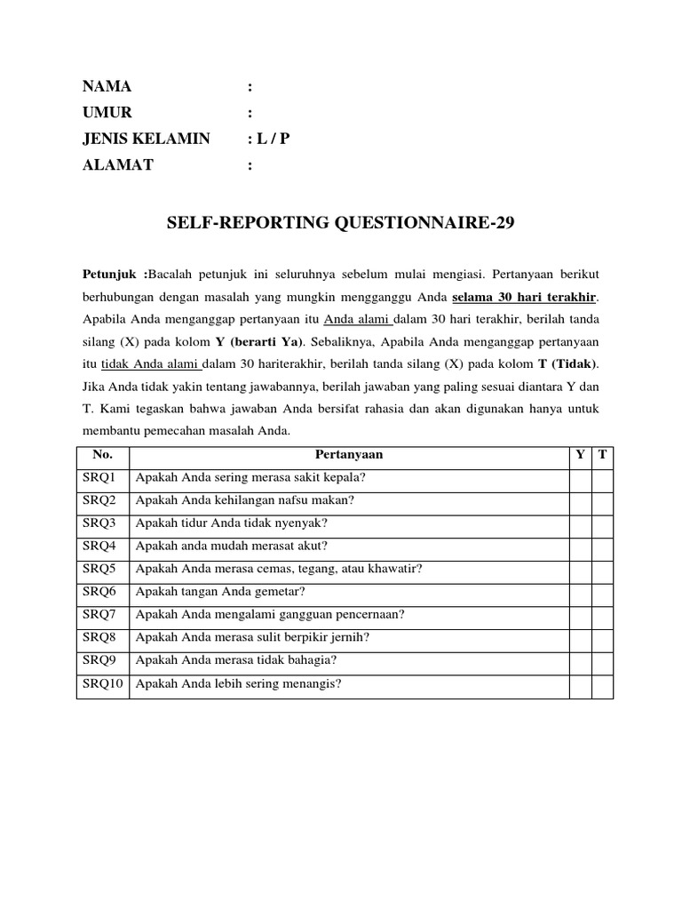 Self Reporting Questionnaire 29 | PDF