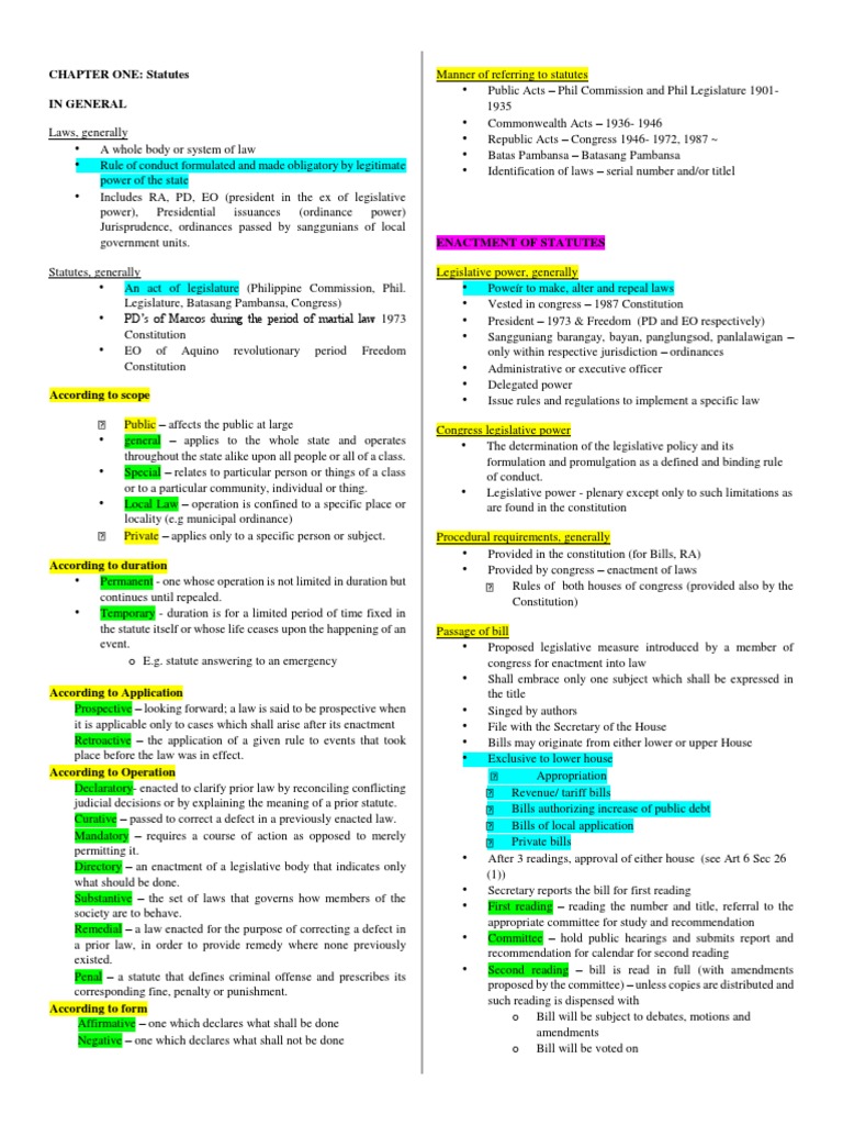 Statcon Agpalo Notes JTS | PDF | Statutory Interpretation | Bill (Law)