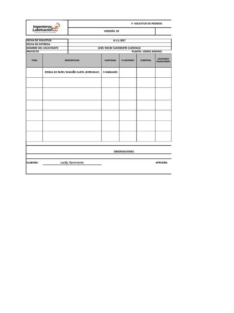 Formato Solicitud de Pedido | Negocios