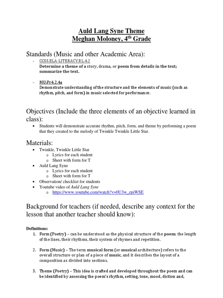 Lesson Plan Format Launguage Arts and Music Integration | PDF | Poetry ...