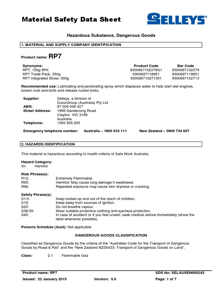 Material Safety Data Sheet: Hazardous Substance, Dangerous Goods | PDF ...