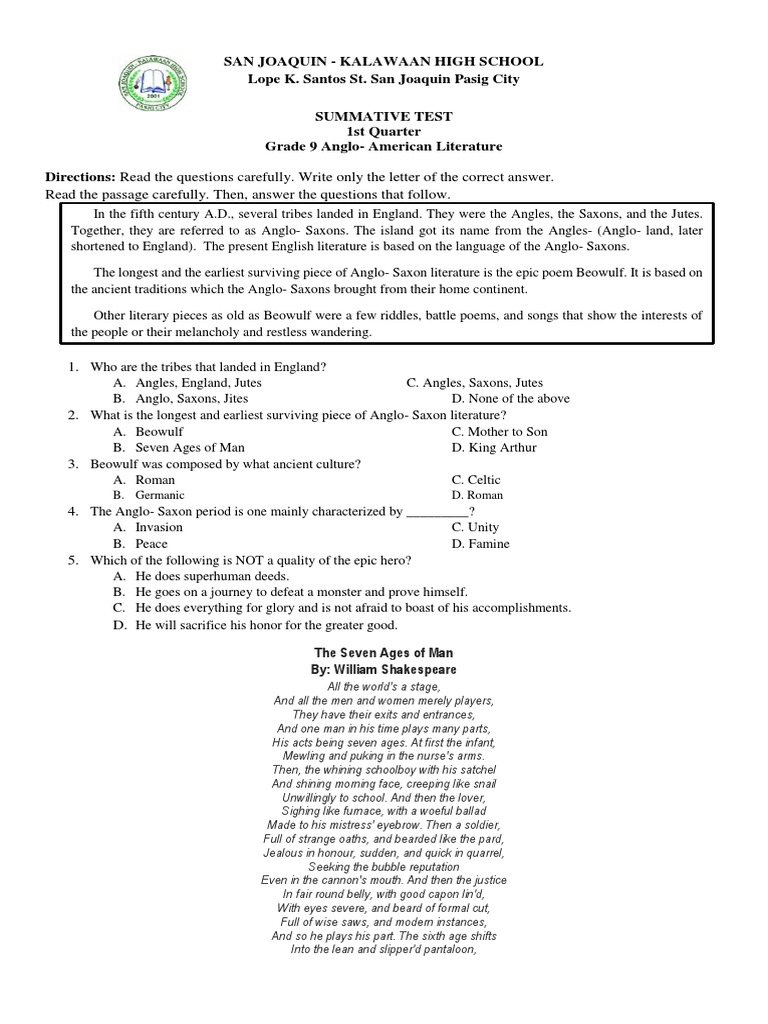Summative Test 1st Quarter | PDF | Beowulf | Old English Poems