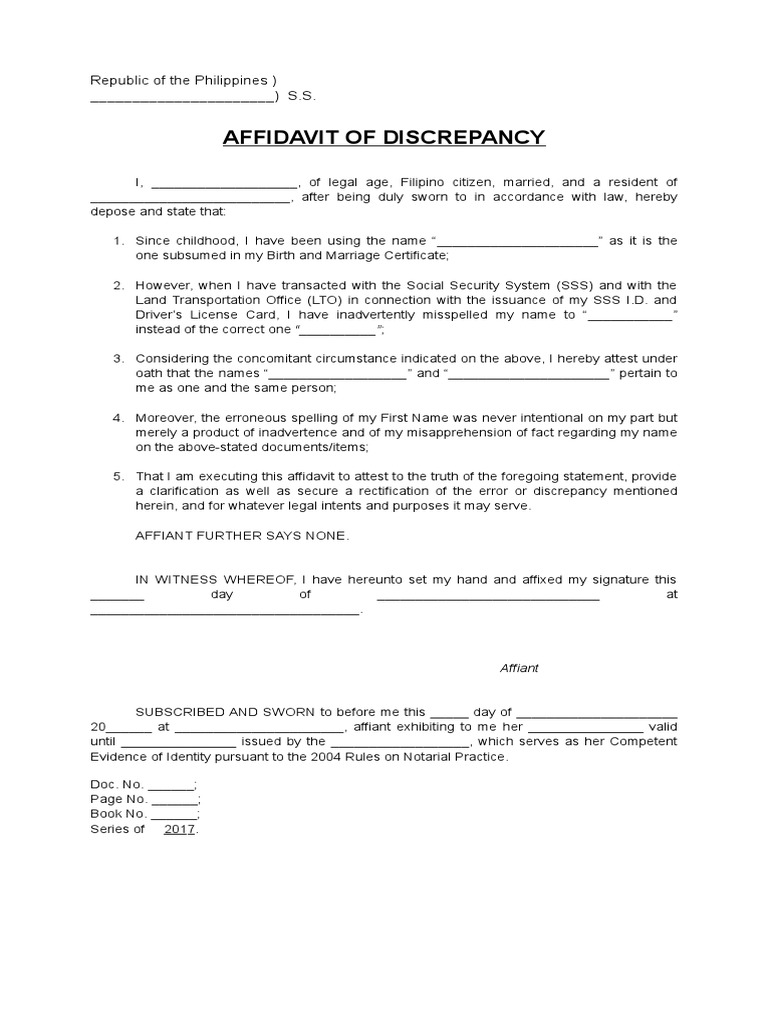 Affidavit of Discrepancy: Republic of The Philippines) - ) S.S | PDF