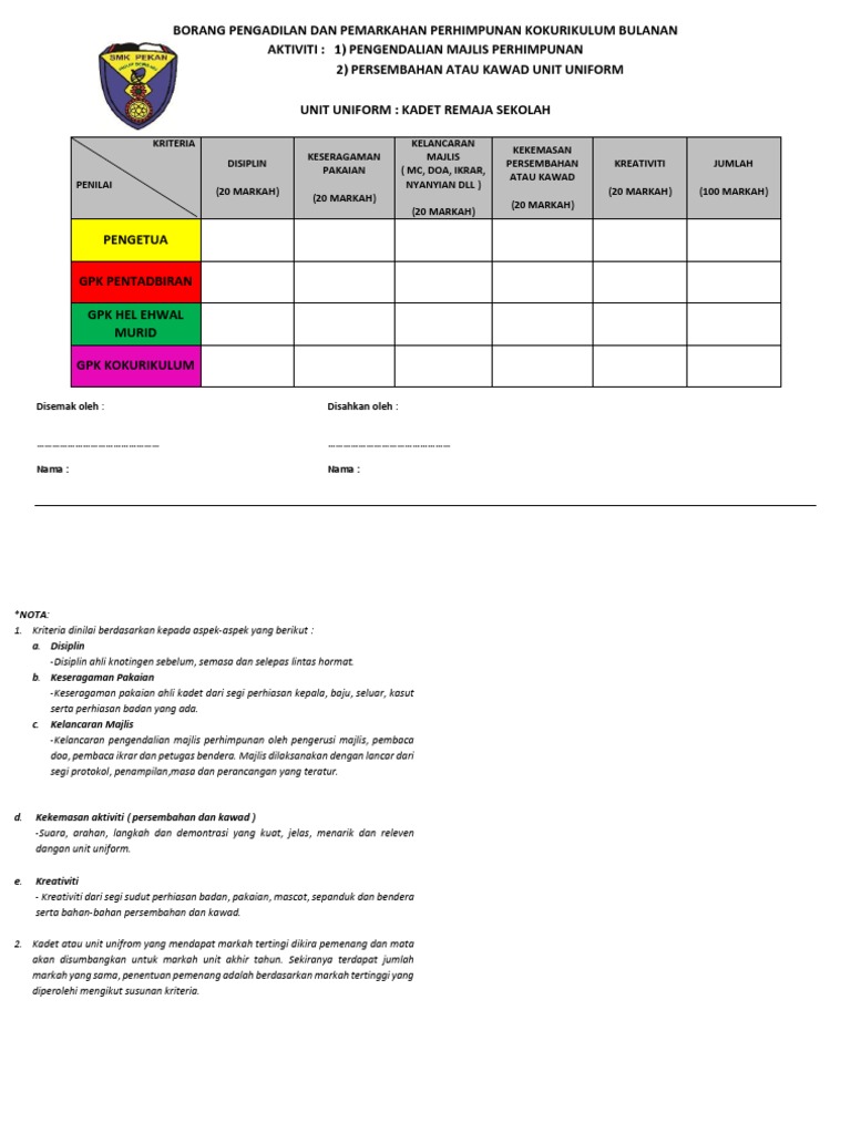 Borang Pengadilan Markah Hari Perhimpunan Koku 2019 | PDF