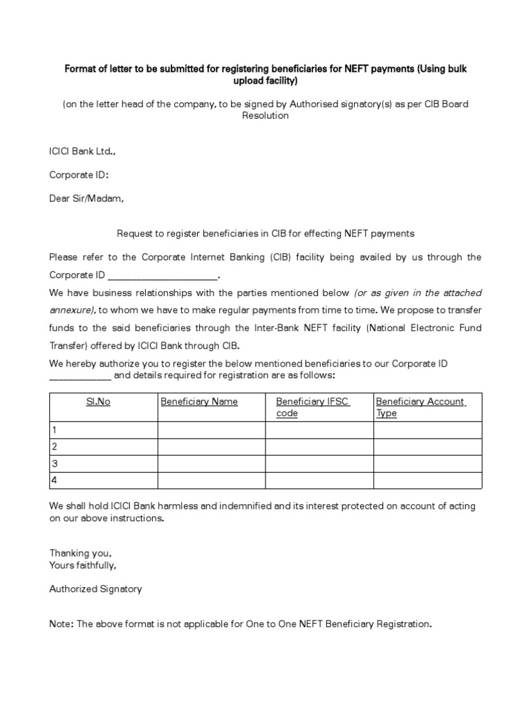 Format Letter For Registering Beneficiaries For NEFT 1.16 | PDF