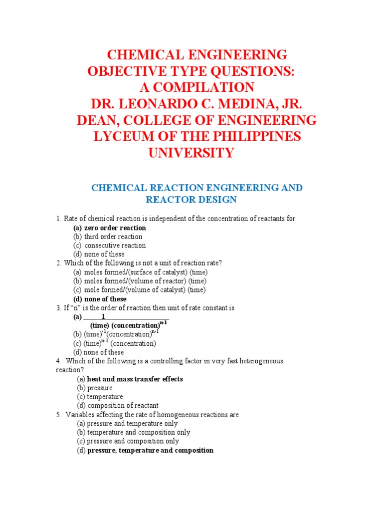 ChE Objective Type Questions Compilation Dean Medina 1 8 1 11 PDF | PDF | Reaction Rate ...