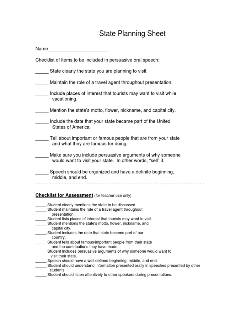 State Planning Sheet: Checklist For Assessment | PDF