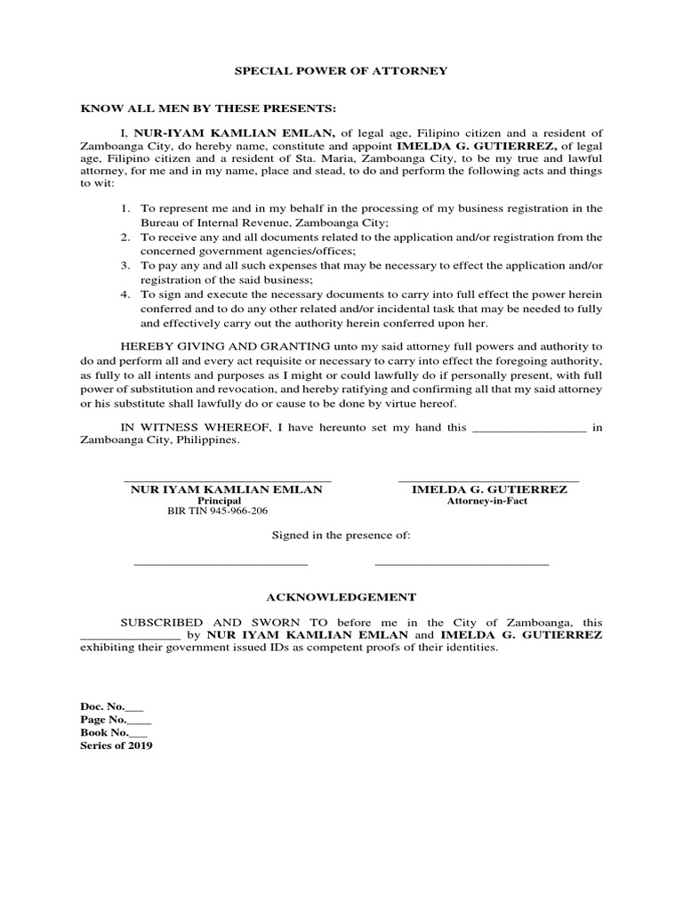 SPA To Process Business Permit With The BIR | Power Of Attorney ...