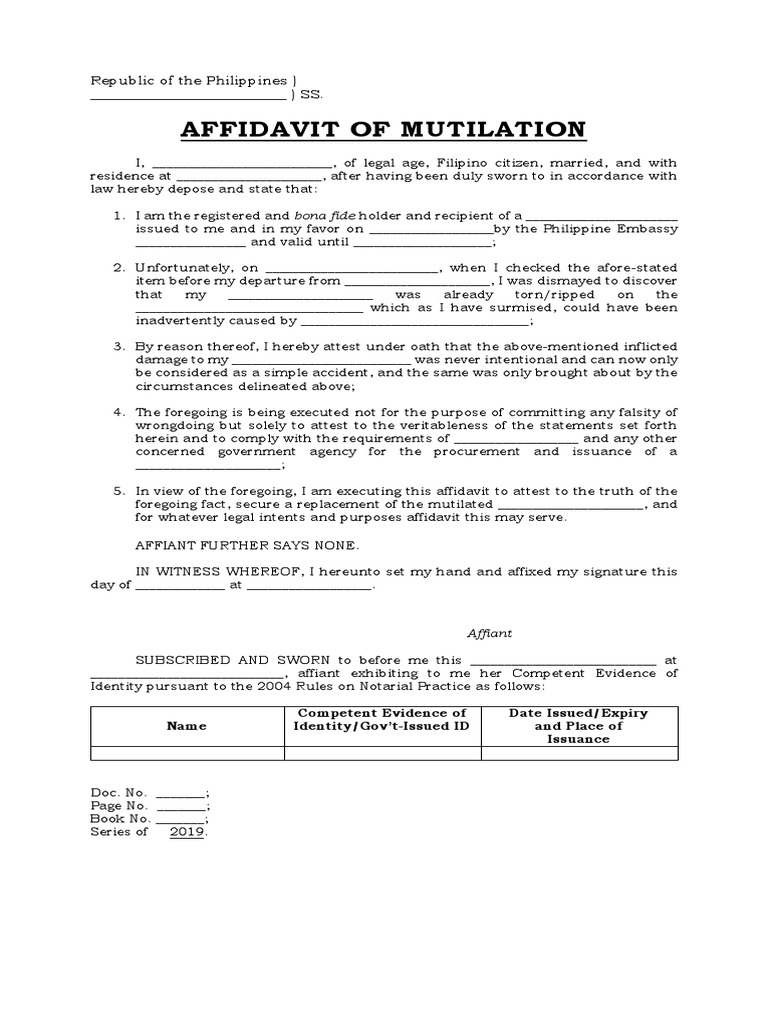 Affidavit of Mutilation - Pro Forma | PDF | Affidavit | Civil Law ...