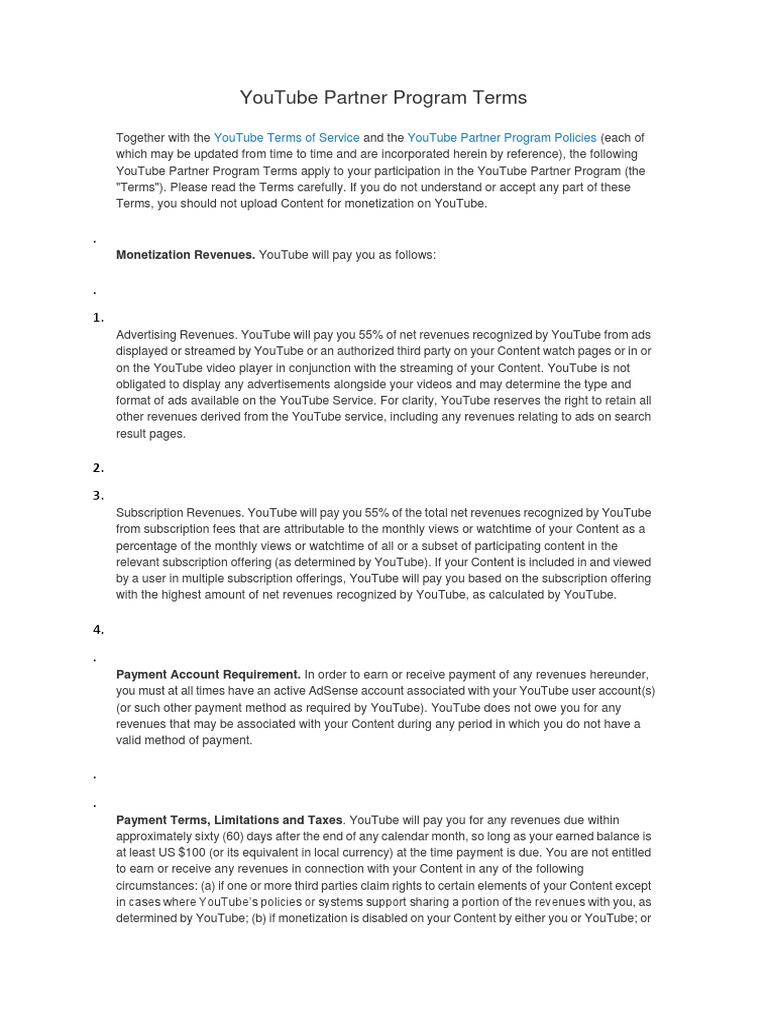 YouTube Partner Program Terms | PDF | You Tube | Ad Sense