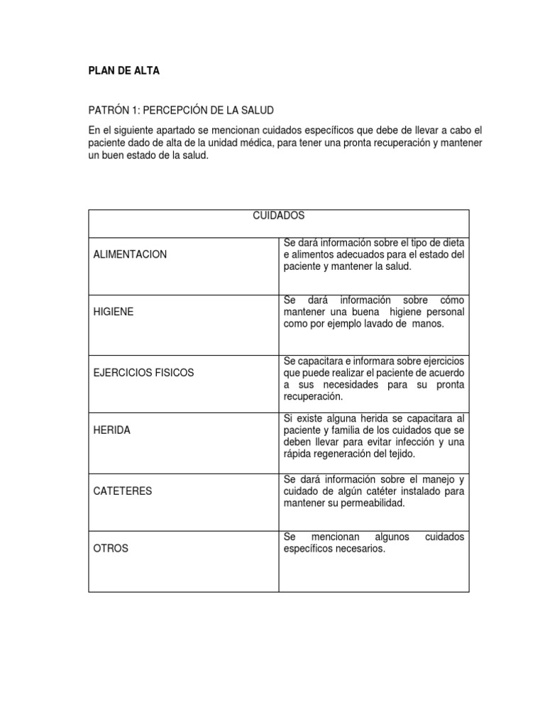 Plan de cuidados para el alta hospitalaria centrado en 11 patrones de ...