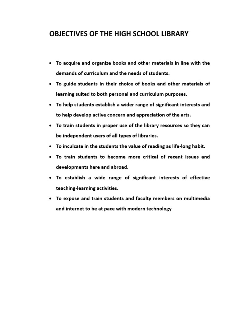 Objectives of The High School Library | PDF | School Library | Libraries