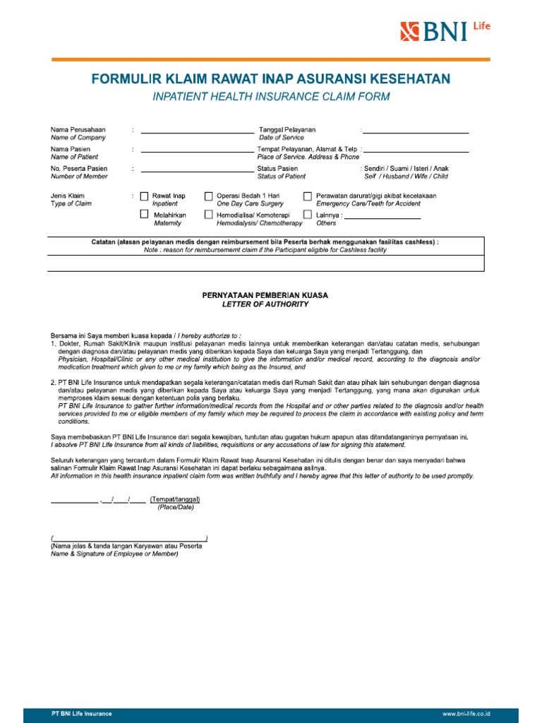 FORMULIR KLAIM RAWAT INAP ASURANSI KESEHATAN - BNI Life PDF | PDF