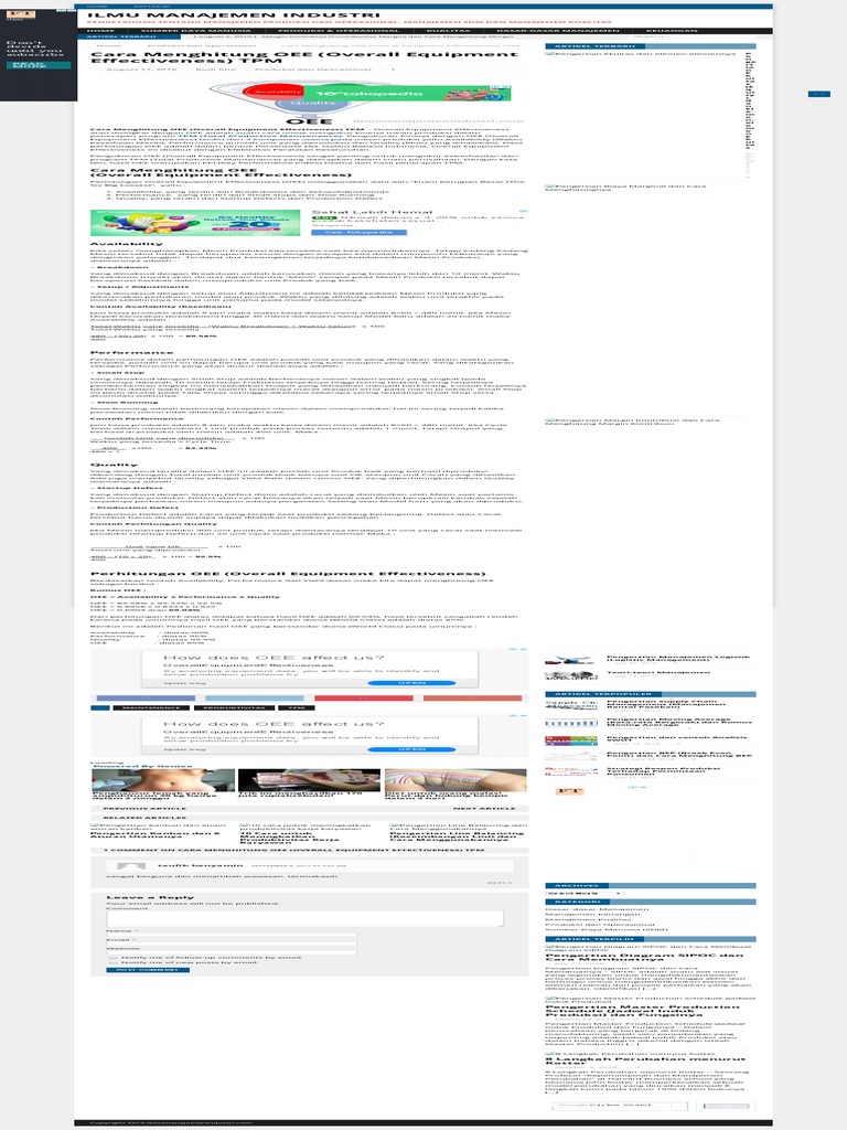 Cara Menghitung Oee Overall Equipment Effectiveness Tpm Ilmu