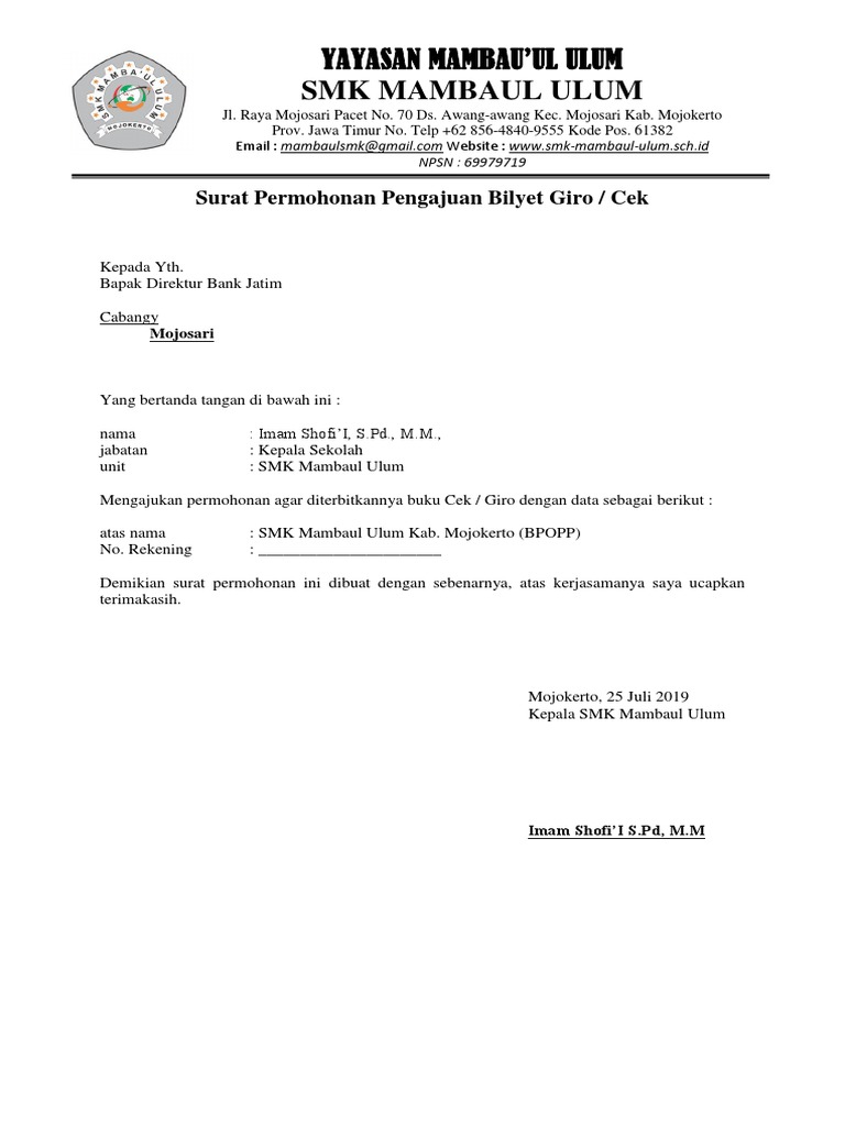 Surat Permohonan Pengajuan Bilyet Giro | PDF
