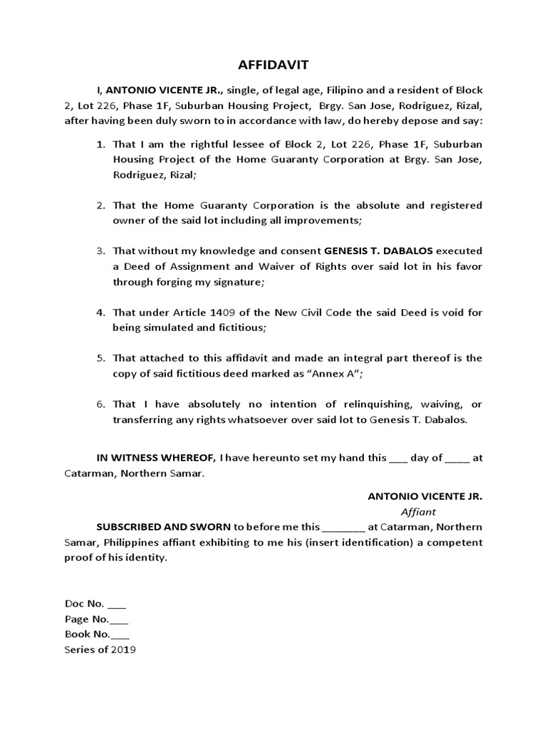 Affidavit: IN WITNESS WHEREOF, I Have Hereunto Set My Hand This - Day ...
