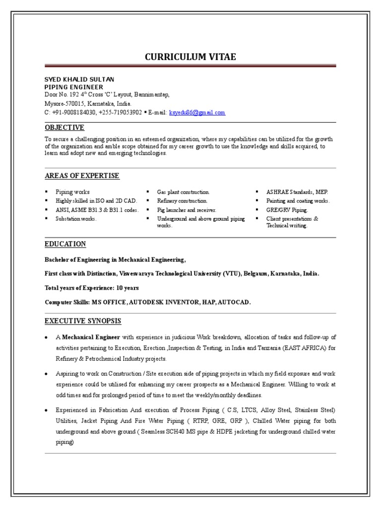 Curriculum Vitae Piping Engineer | PDF | Pipe (Fluid Conveyance) | Plumbing