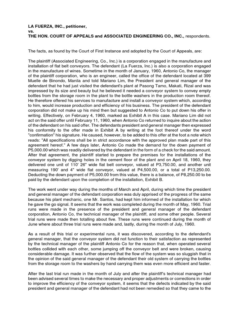 LA FUERZA, INC., Petitioner, vs. The Hon. Court of Appeals and Associated Engineering Co., Inc ...