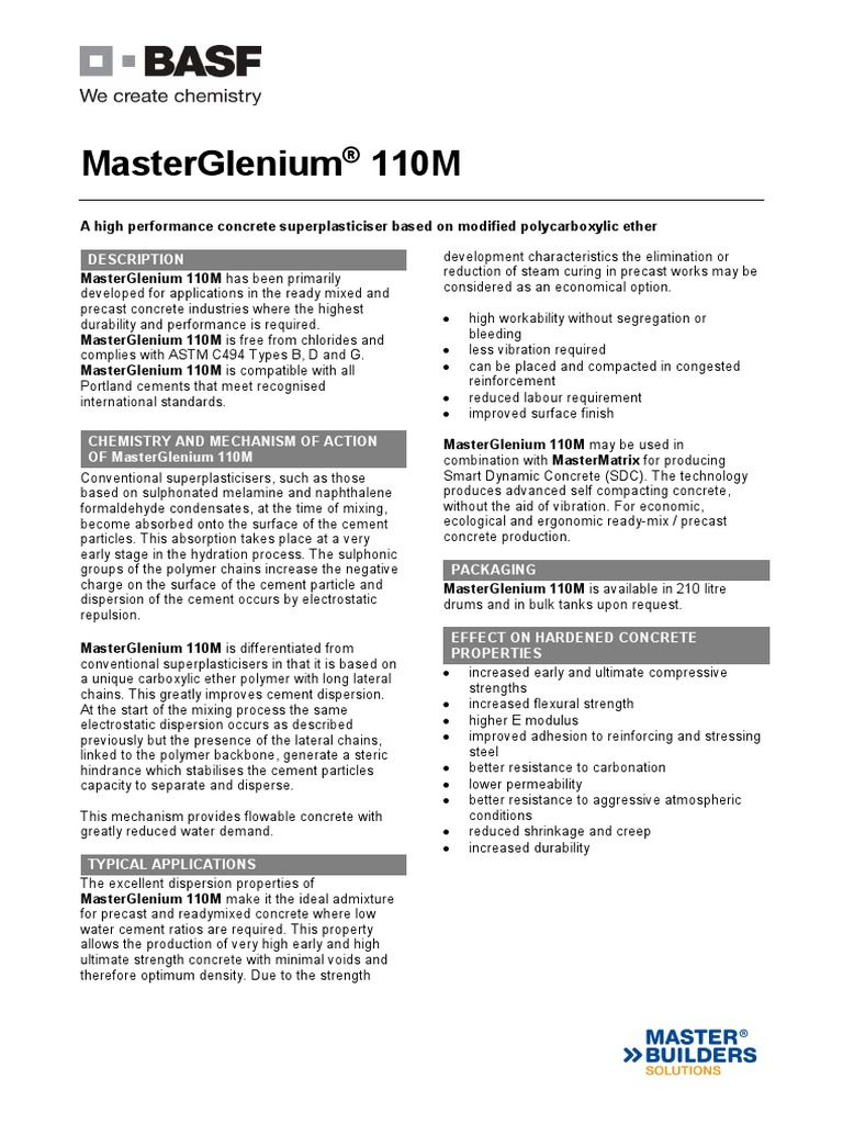 Basf Masterglenium 110m Tds | PDF | Concrete | Cement