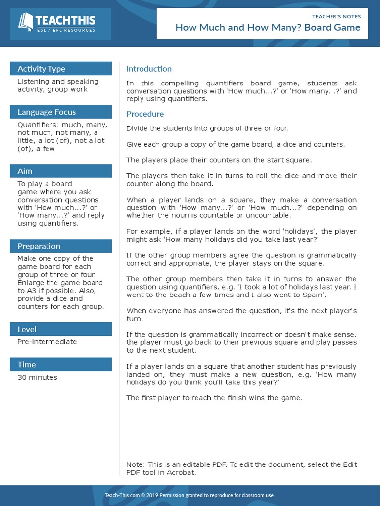 How Much How Many Board Game PDF | PDF | English As A Second Or Foreign ...