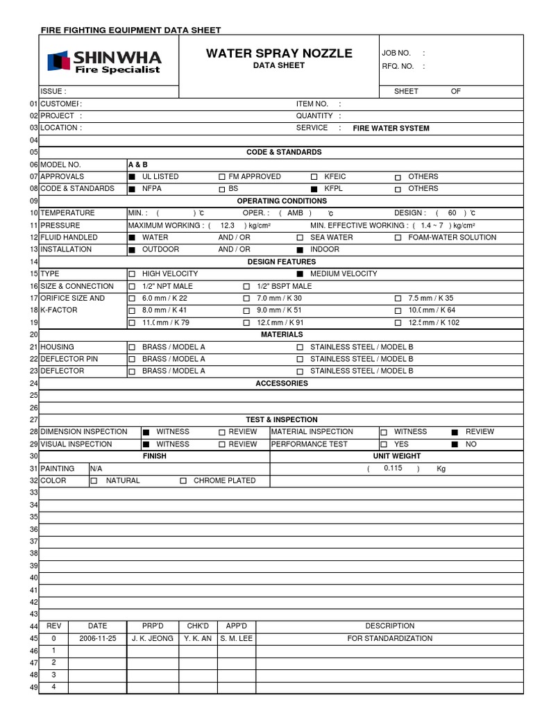 Water Spray Nozzle: Fire Fighting Equipment Data Sheet | Download Free ...