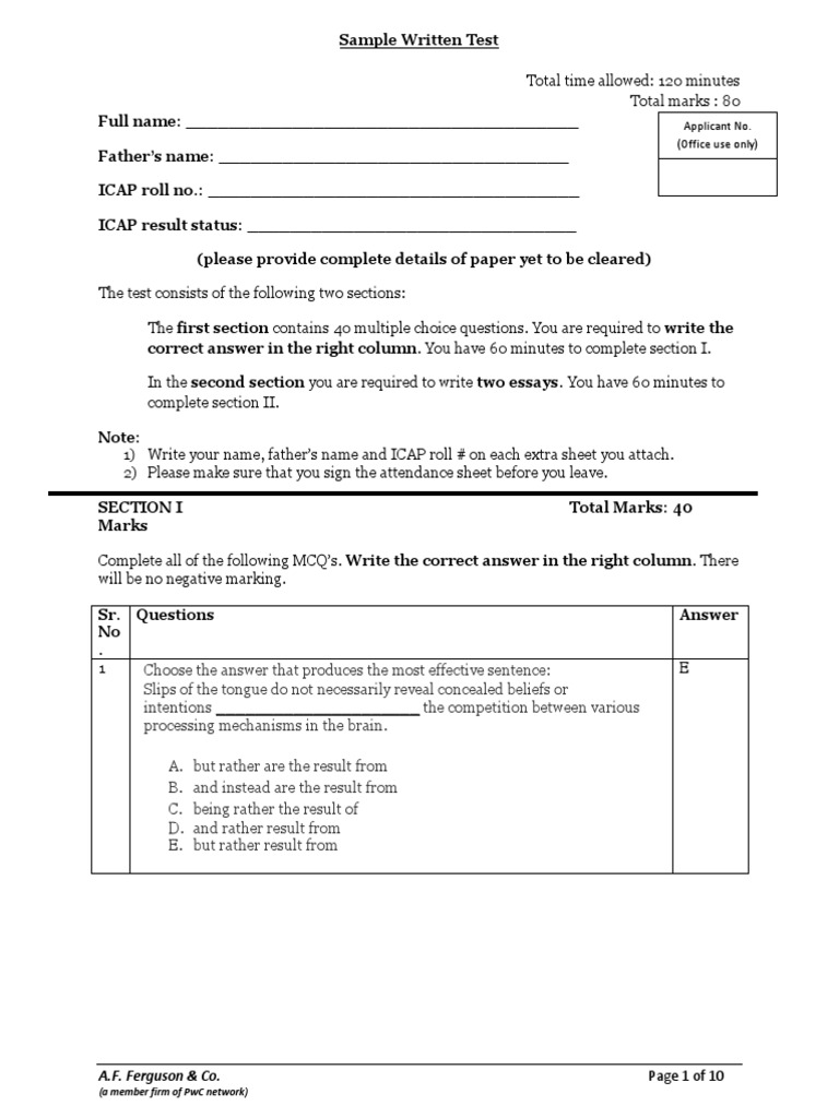 A.F. Ferguson Sample Written Test | PDF | Loans | Interest