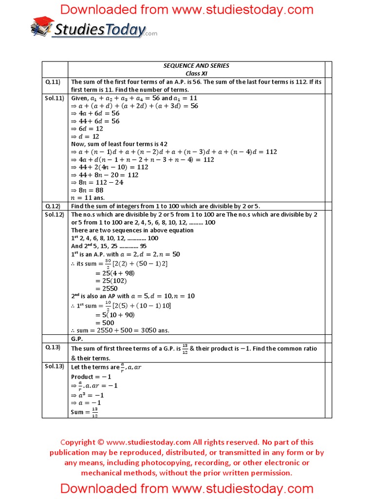 CBSE Class 11 Mathematics Worksheet - Sequences and Series | PDF ...