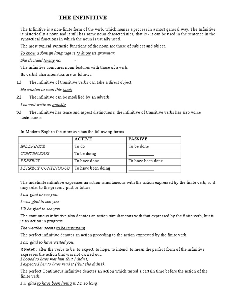 The Infinitive | PDF | Perfect (Grammar) | Verb